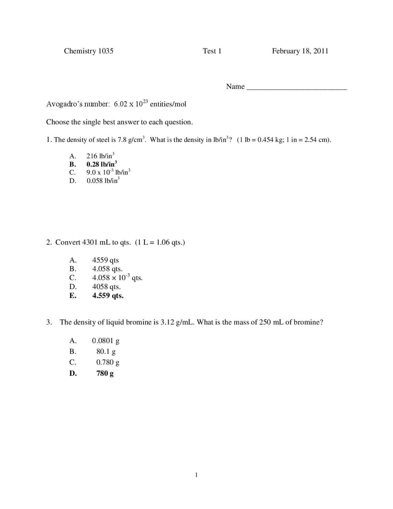 Test One Answers Key - General Chemistry | CHEM 1035 - Docsity