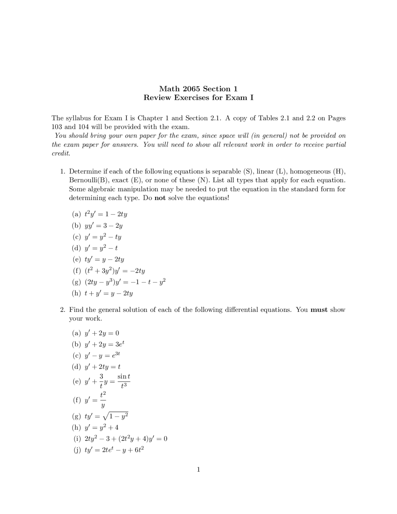 Review Exercise for Exam 1 - Element Differential Equations | MATH 2065 - Docsity
