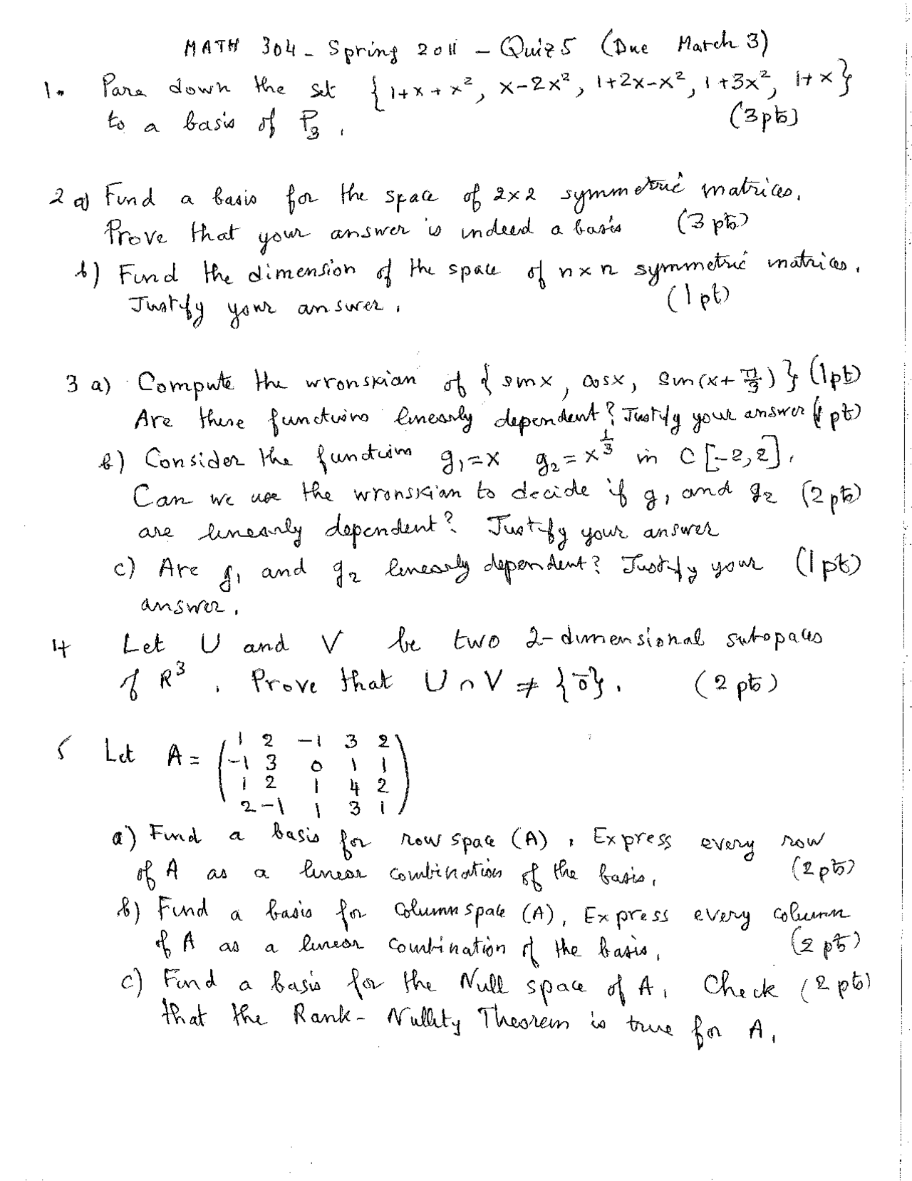 5 Solved Questions On Linear Algebra For Quiz 5 Math 304 Docsity
