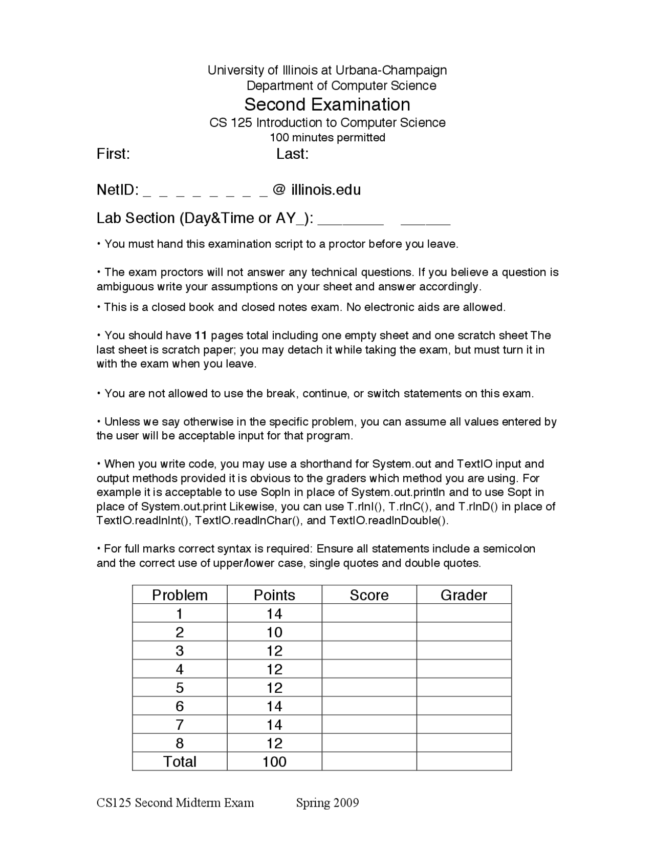 Midterm Exam 2 Introduction To Computer Science 2009 Cs 125 Docsity