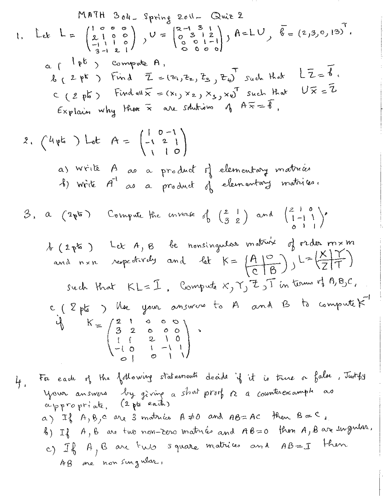 Quiz 2 With Solutions Linear Algebra Math 304 Docsity