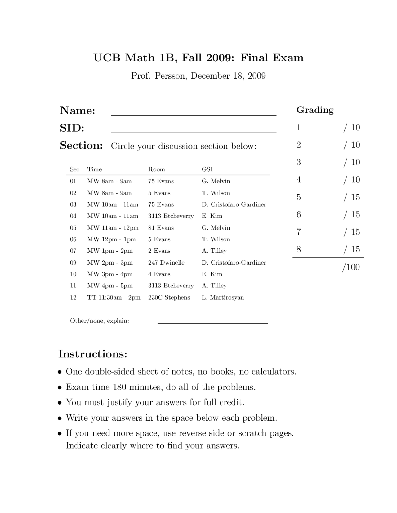 8 Question On Calculus Final Exam Math 1b Docsity