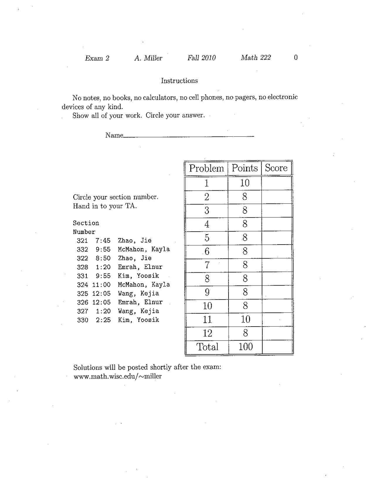 12 Problems In Exam 2 Calculus And Analytic Geometry Math 222 Docsity