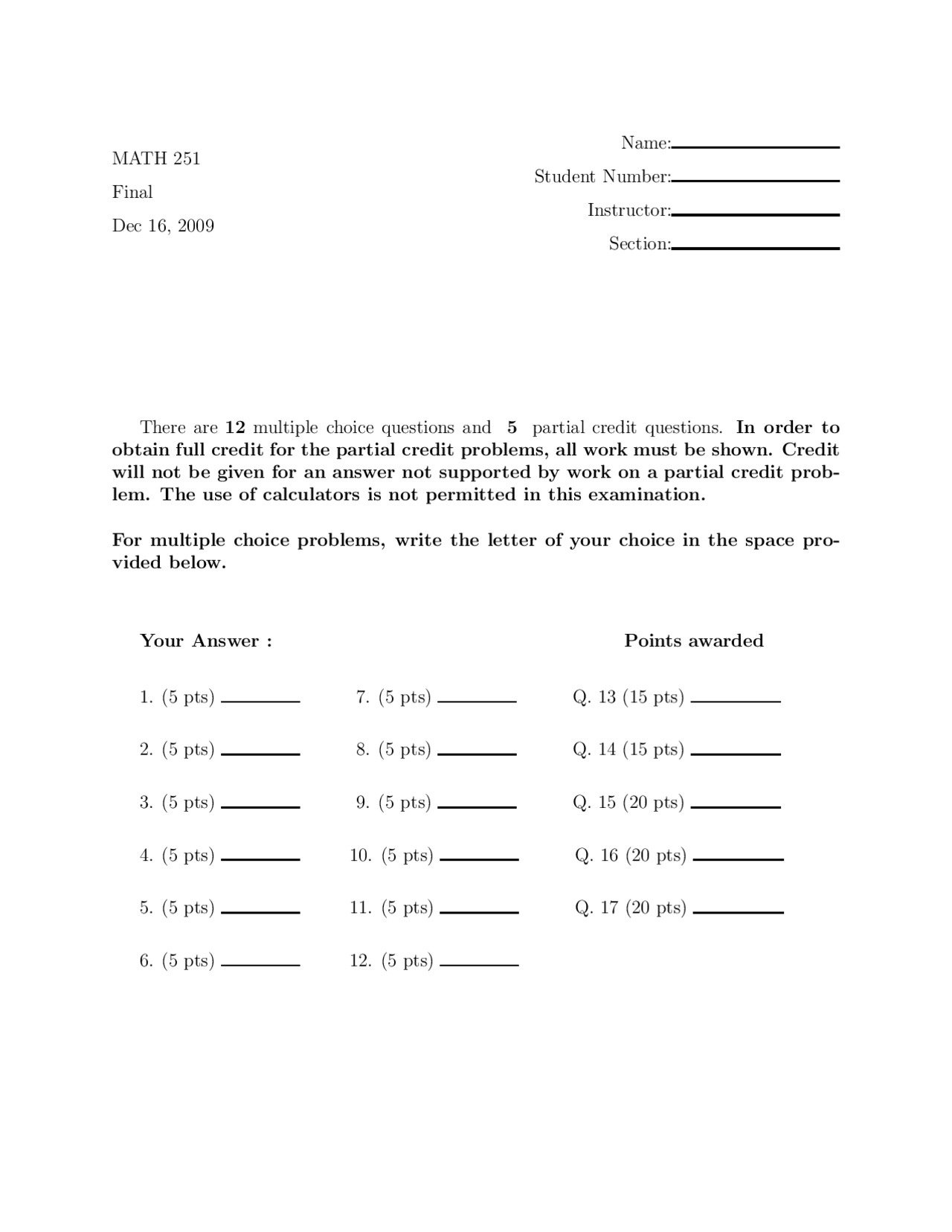 MATH 251 Final Exam December 2009 - Prof. Zachary Shi Tseng | Exams ...
