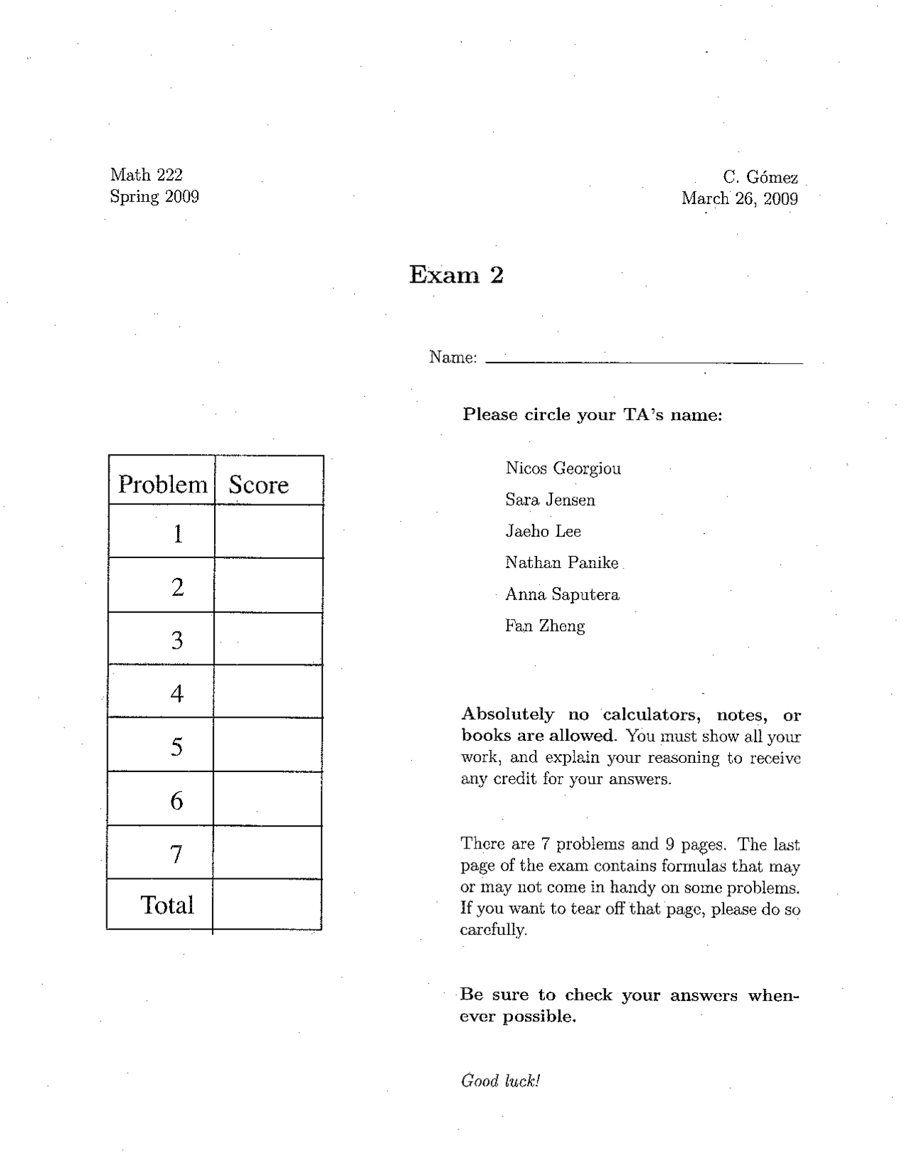 7 Problems on Calculus with Analytic Geometry - Exam 2 | MATH 222 | Exams Analytical Geometry ...