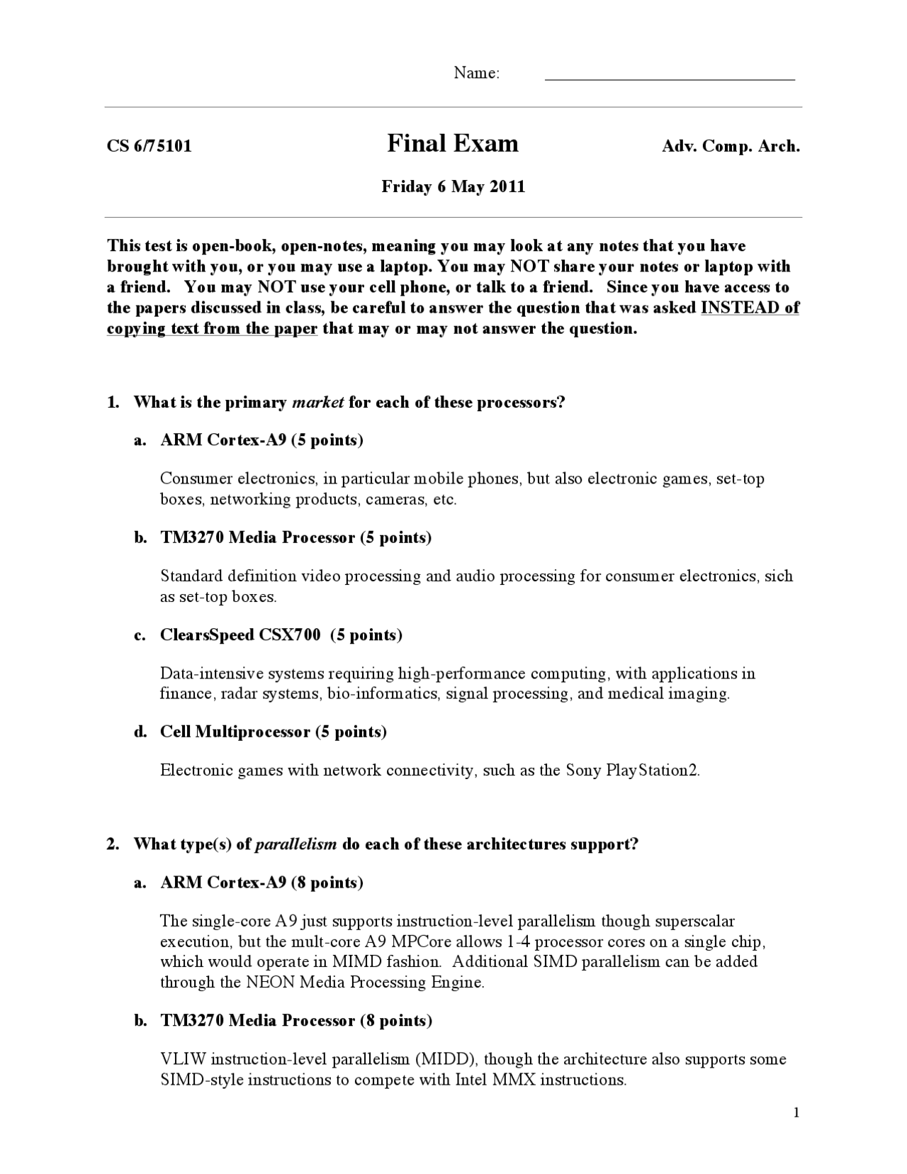 Final Exam For Advanced Computer Architecture Cs 65101 Docsity