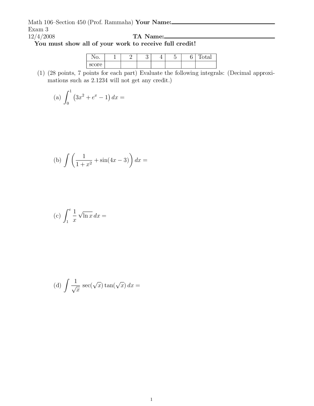 Analytical Geometry And Calculus I Exam 3 Questions Math 106 Docsity