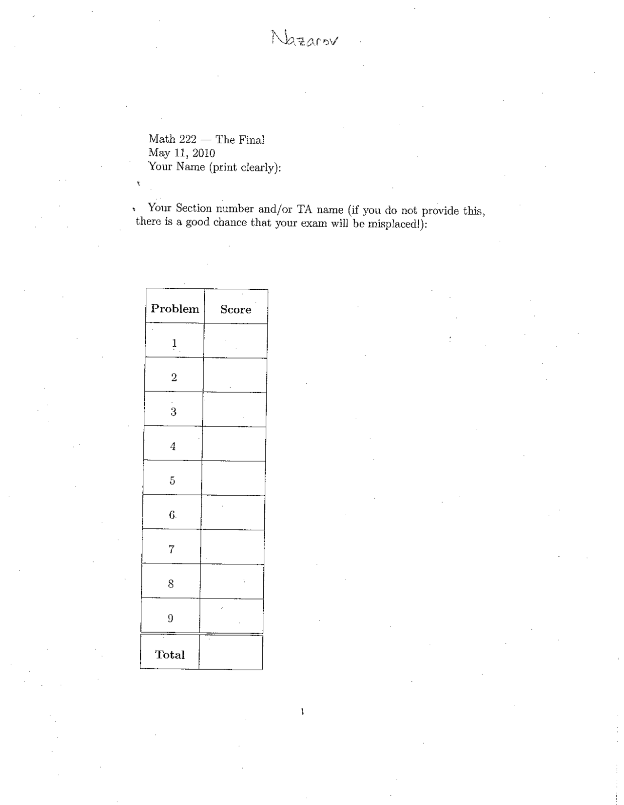 Calculus And Analytic Geometry Past Paper 2010 Math 222 Docsity