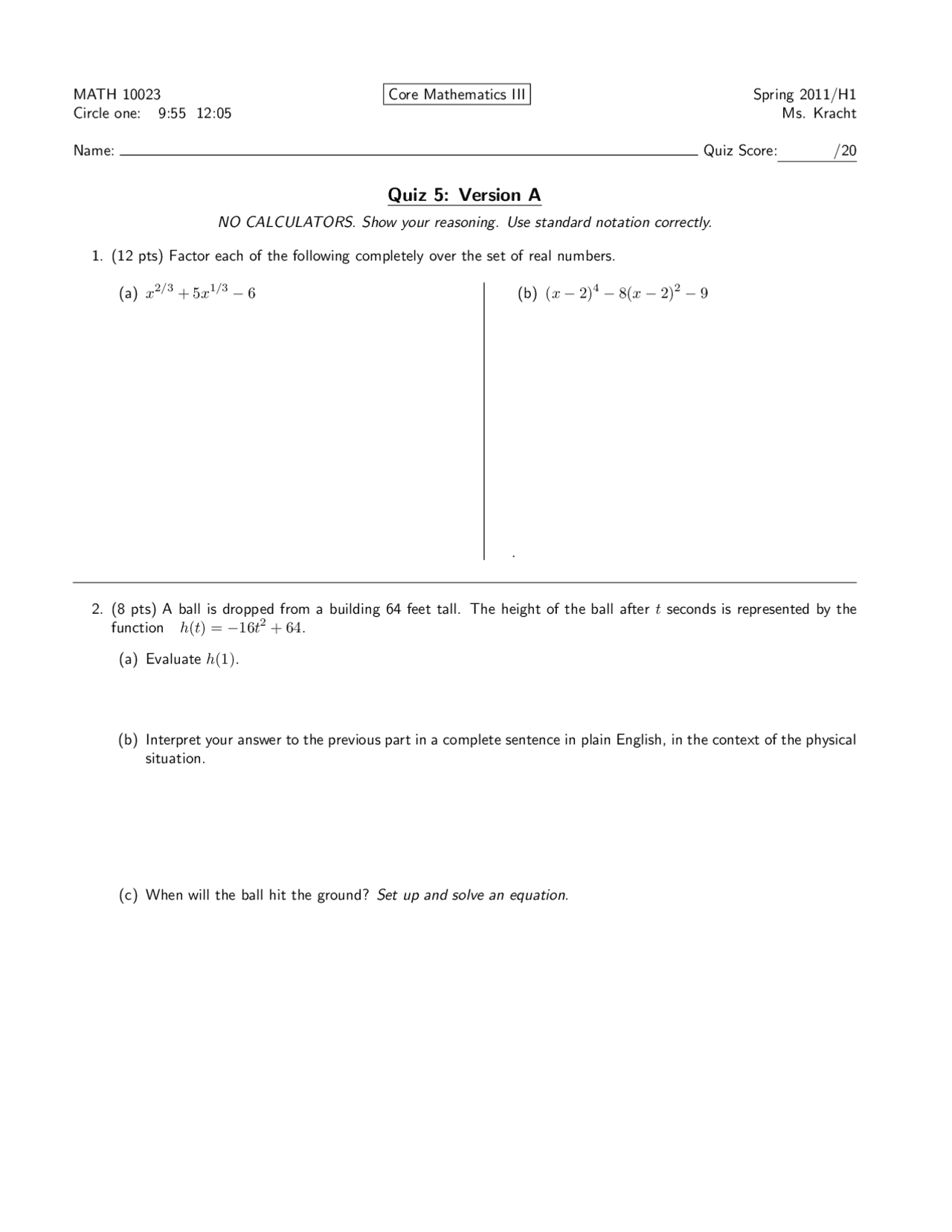 Core Mathematics III Quiz 5 - Factoring and Motion Equations | Quizzes Mathematics | Docsity