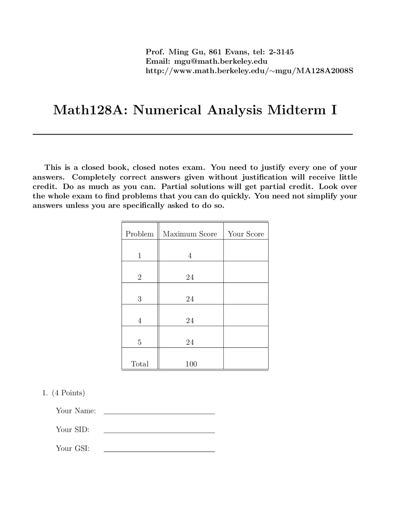 Midterm Exam 1 Numerical Analysis Math 054 Exams Mathematics Docsity