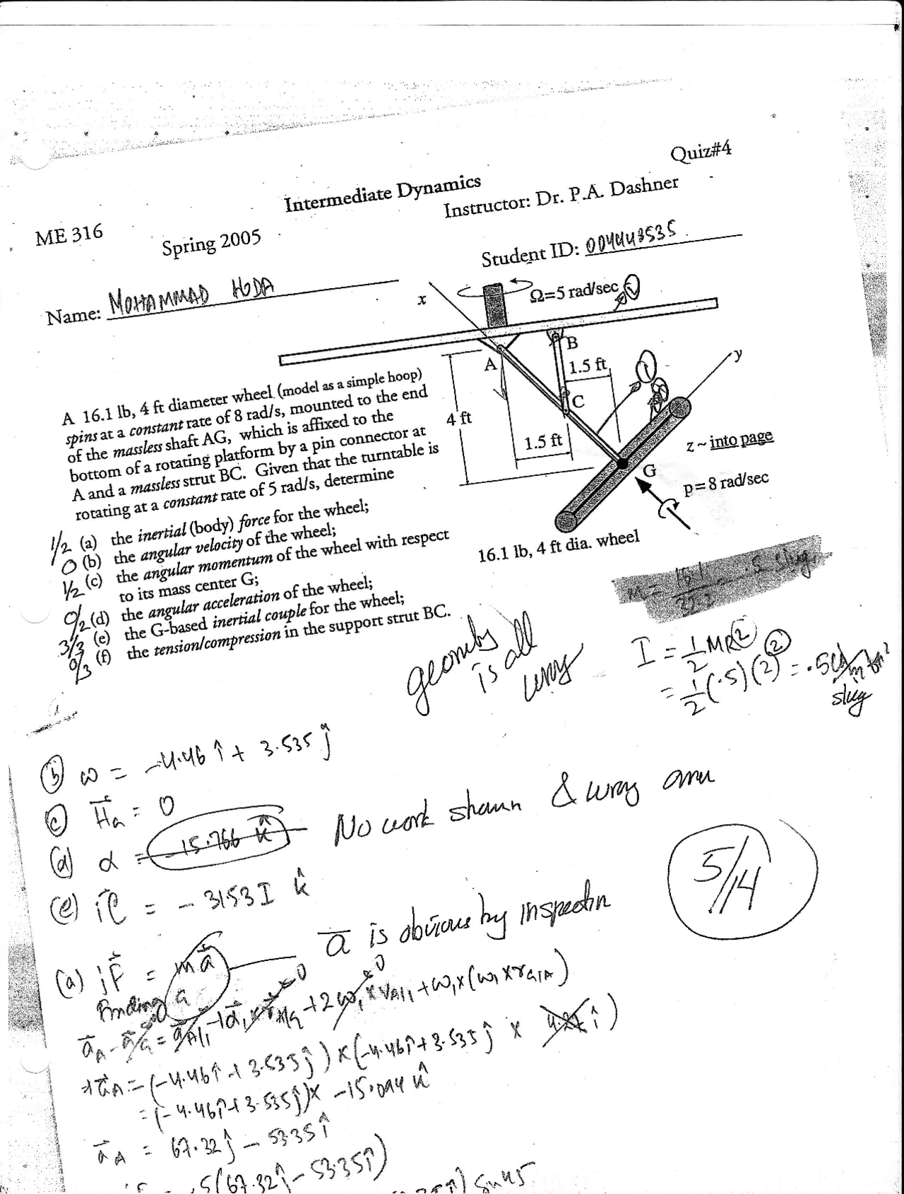 Quiz 4 With Answer Key Intermediate Dynamics Spring 2005 Me 316