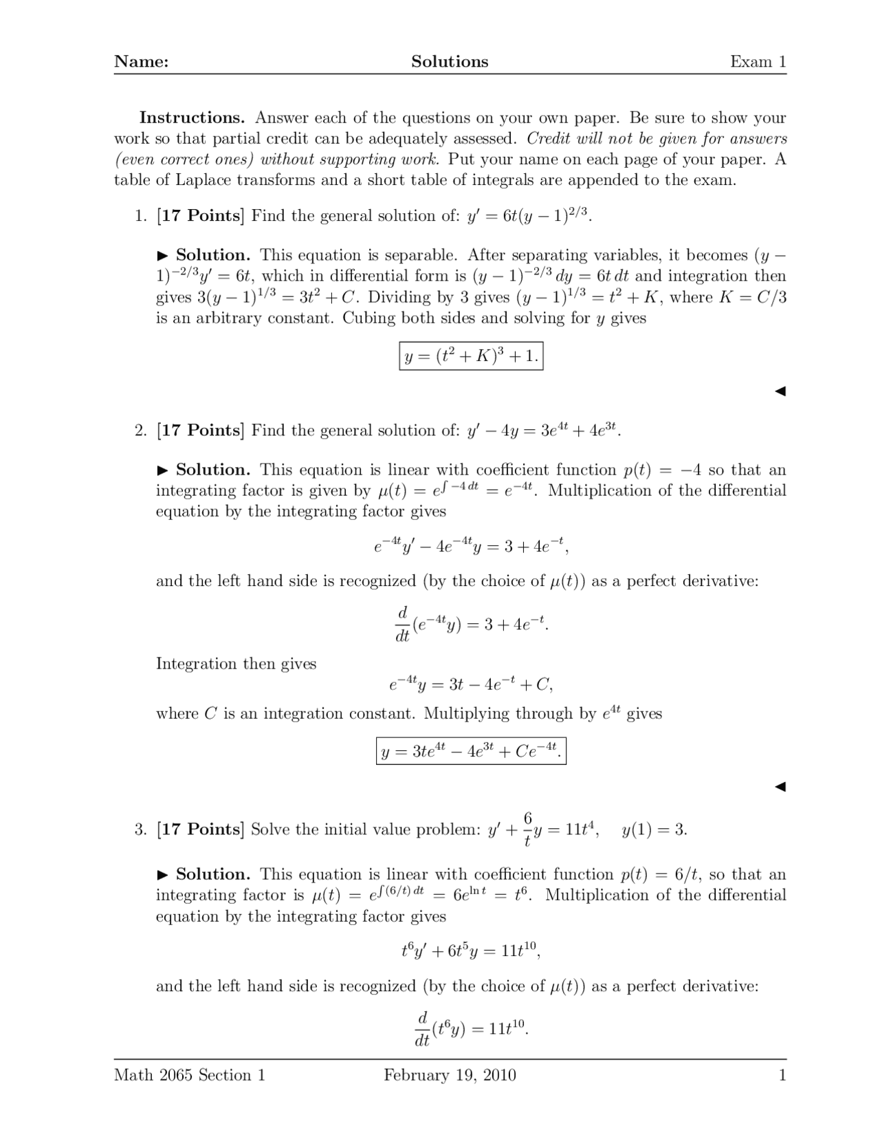 Exam 1 Solutions Differential Equations Math 2065 Docsity