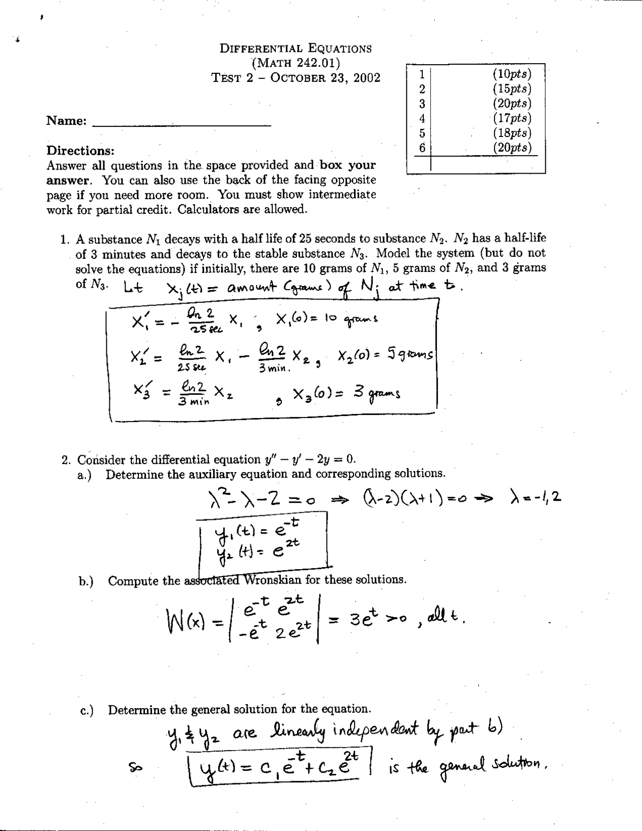 Exam 2 For Elementary Differential Equation Math 242 Docsity
