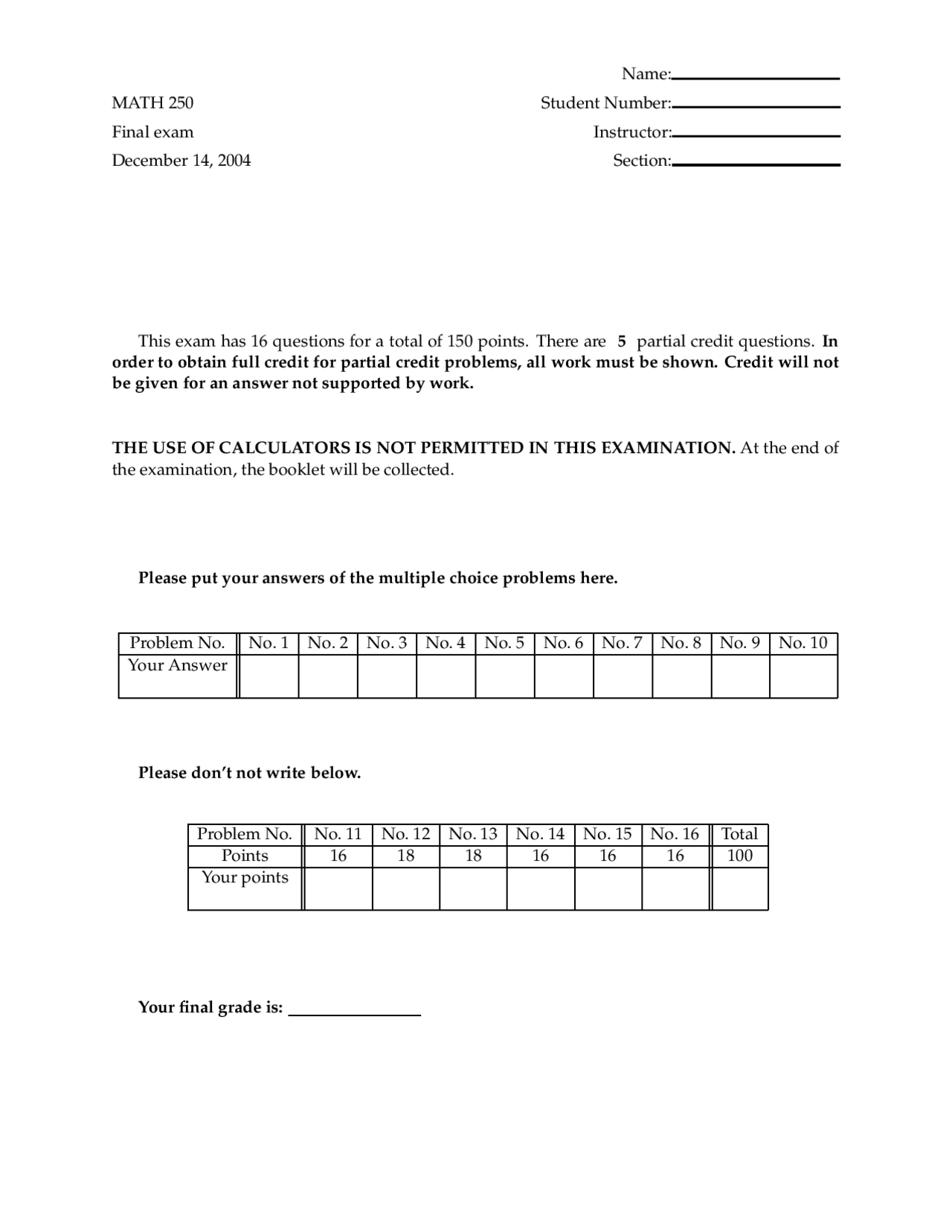 16 Multiple Choice Questions with Solution - Final Exam | MATH 250 ...