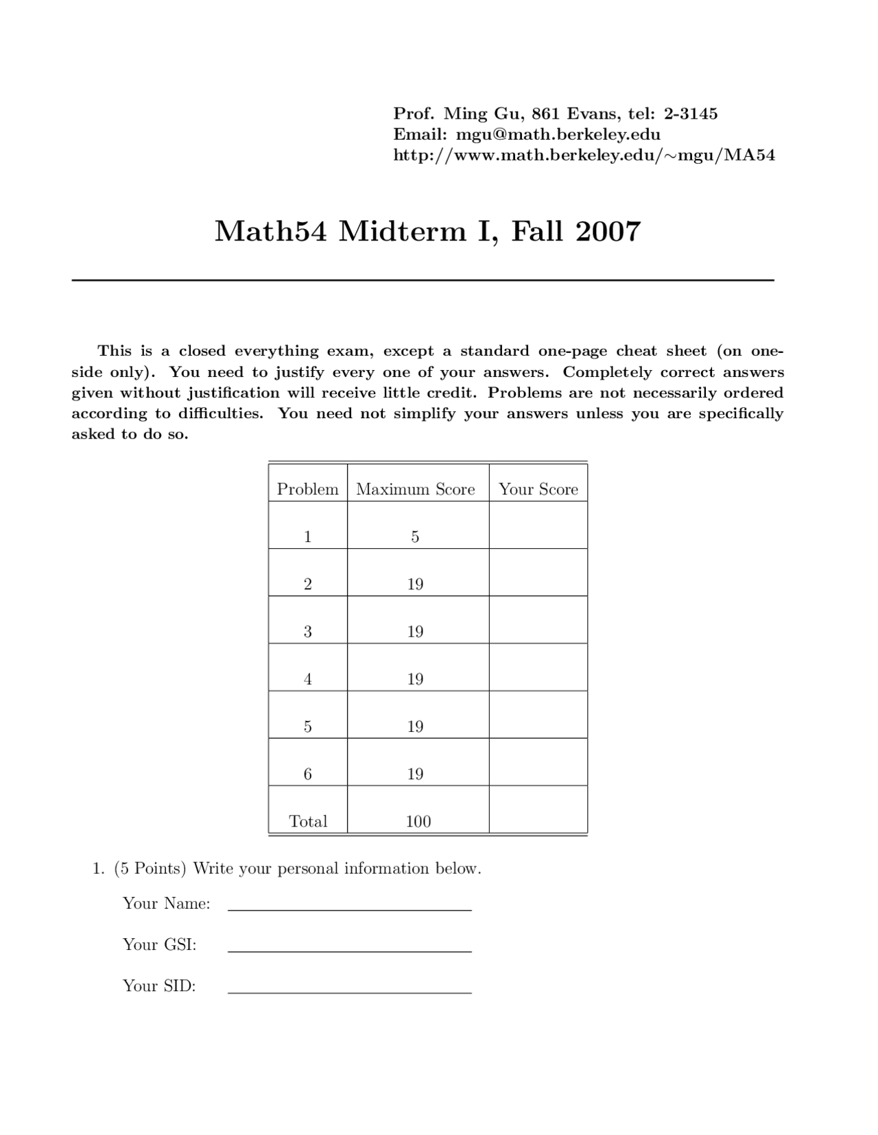 Linear Algebra And Differential Equations Midterm 1 Math 054 Docsity