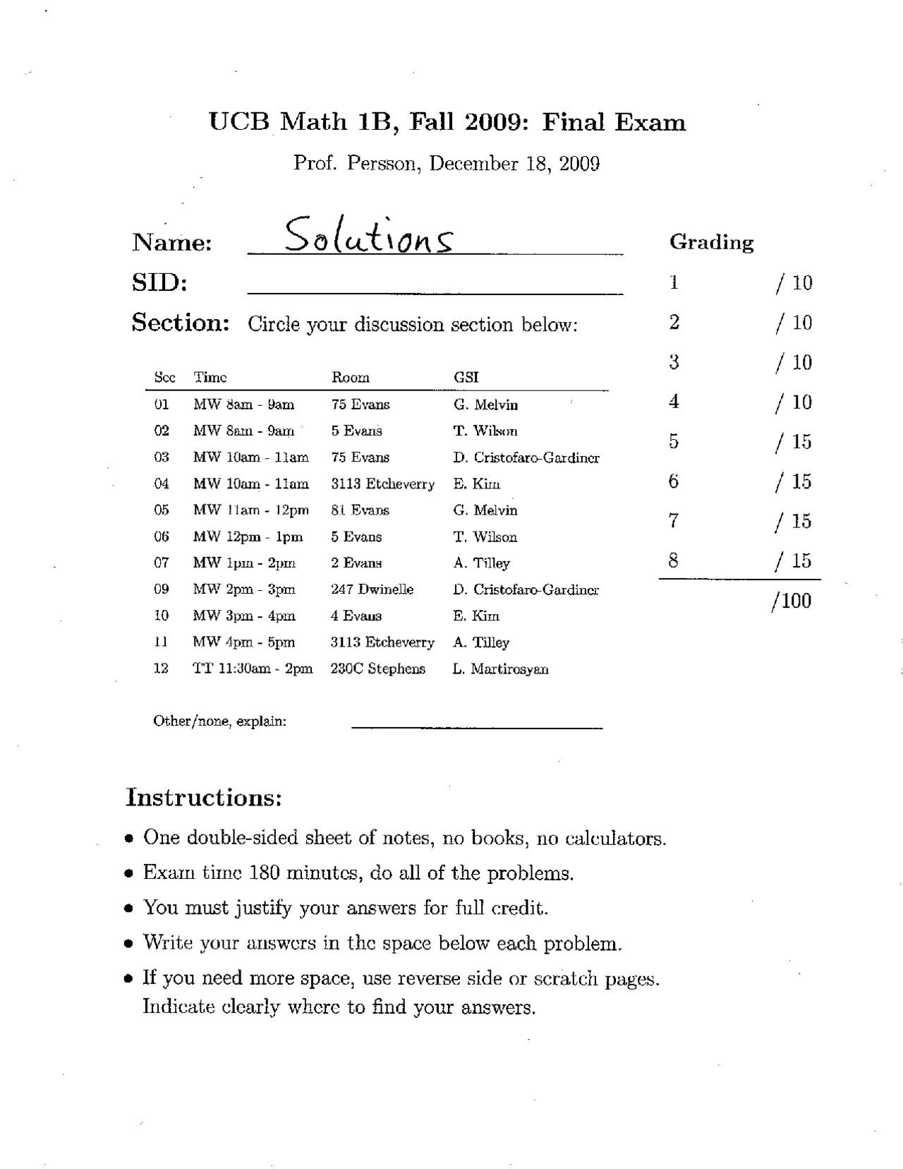 Final Examination Solutions Calculus Math 1b Docsity