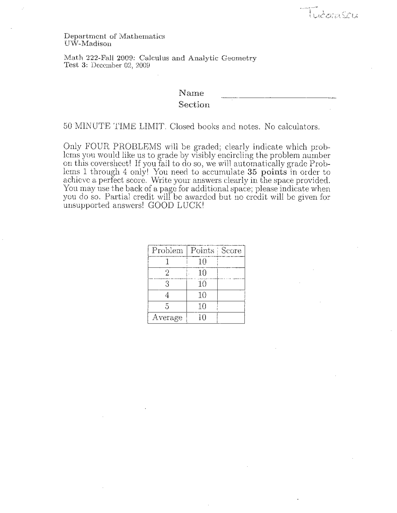 5 Problems For Exam 3 Calculus And Analytic Geometry Math 222 Docsity