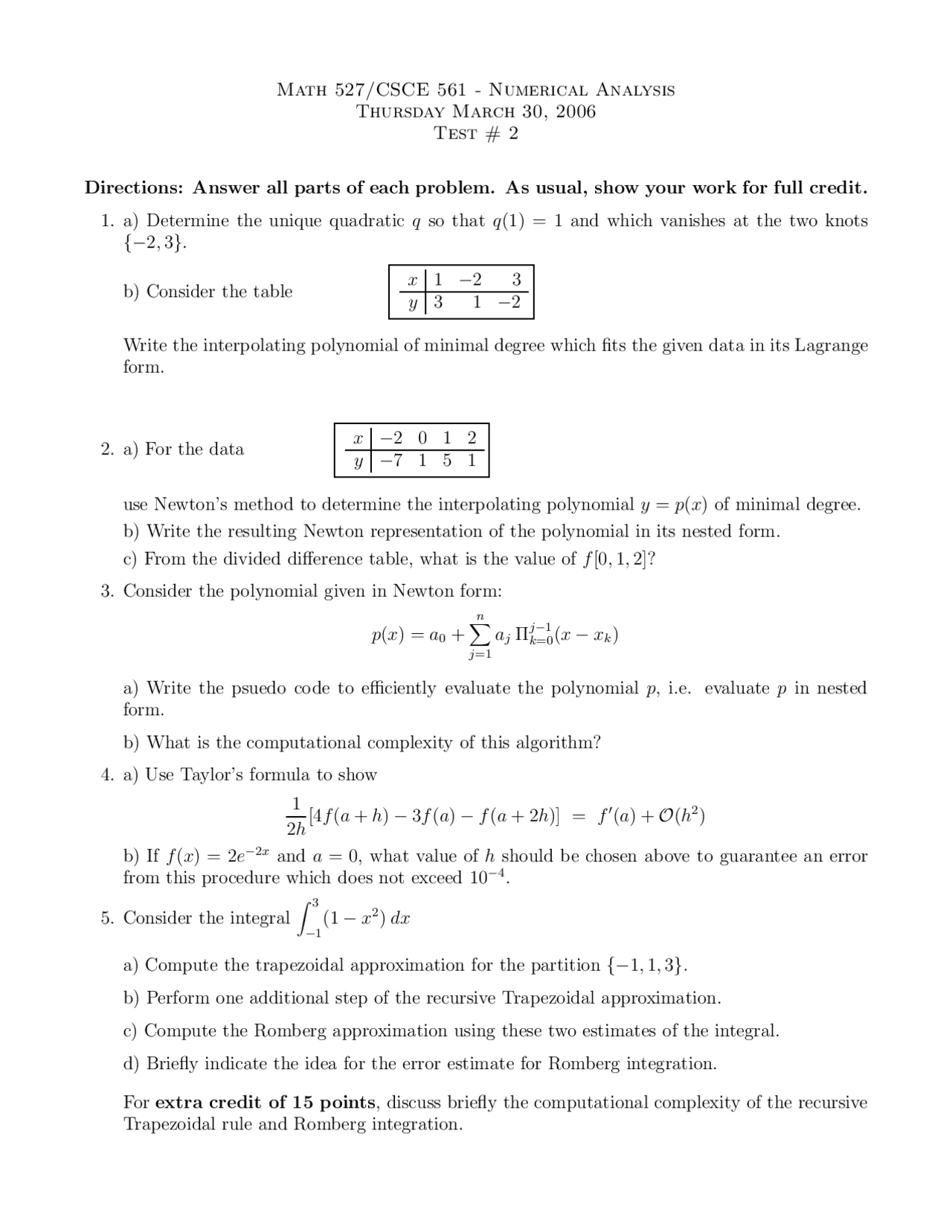 Numerical Analysis Test 2 Fall 2006 Math 527 Docsity