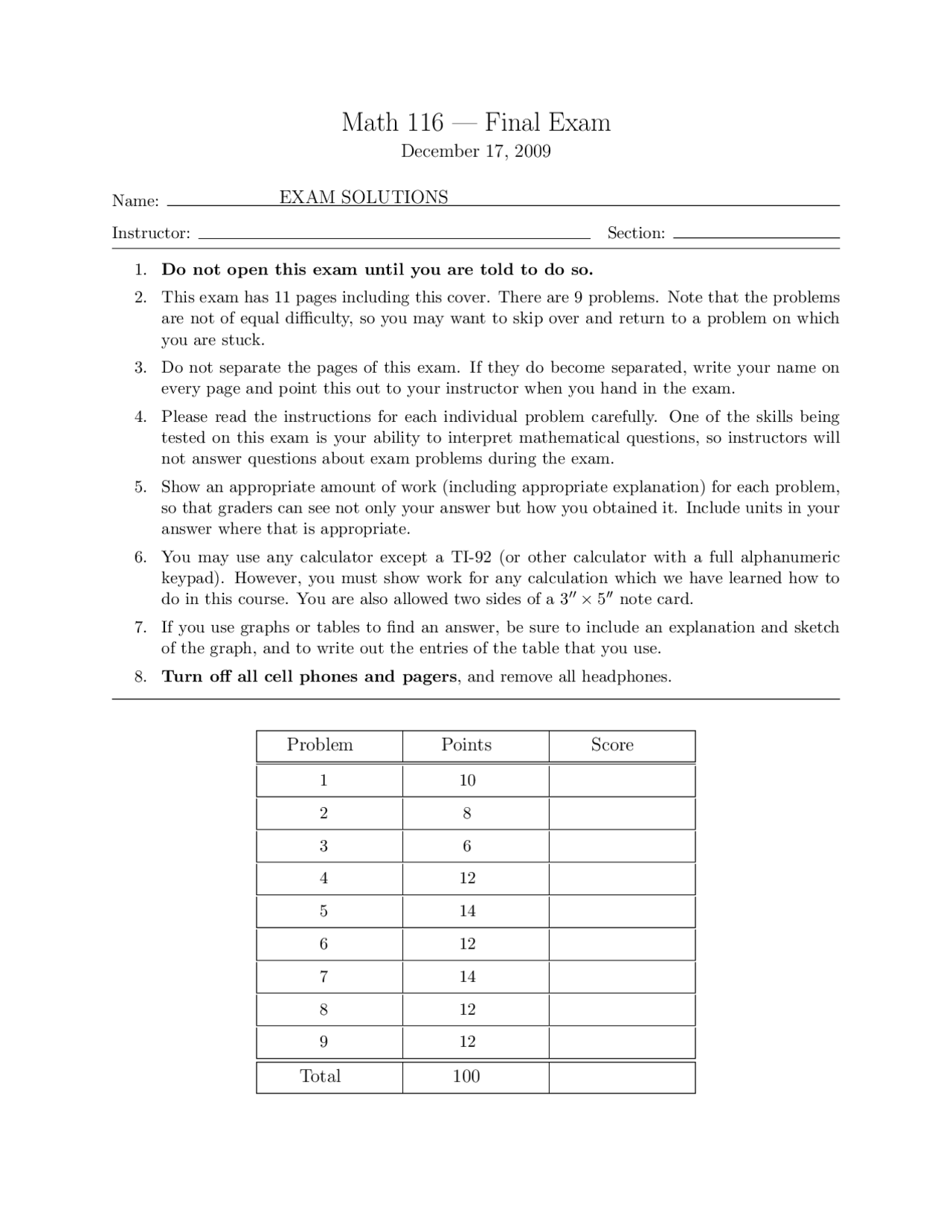 Solution To Final Exam Calculus Ii Math 116 Docsity