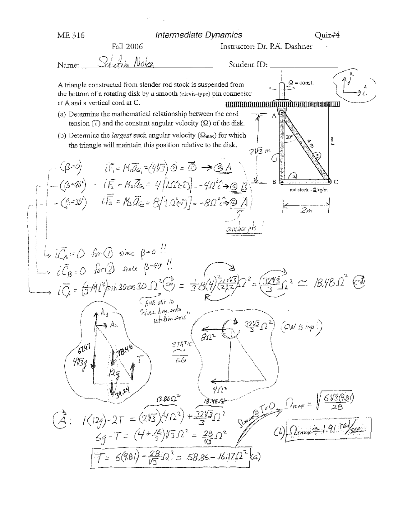 Quiz 4 With Solution Notes Intermediate Dynamics Fall 2006 Me 316