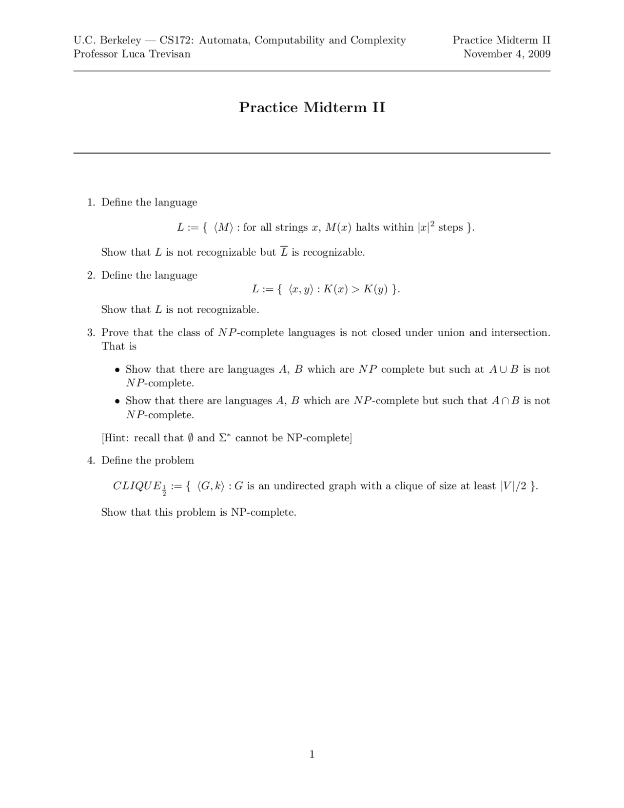 Practice Midterm Exam 2 - Computability and Complexity | COMPSCI 172 | Exams Computer Science ...
