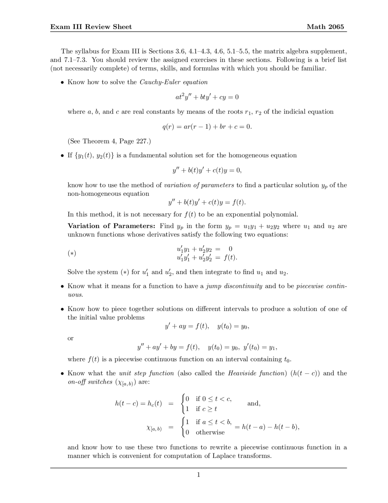 Test 3 Review Sheet Electric Differential Equations Math 2065 Docsity