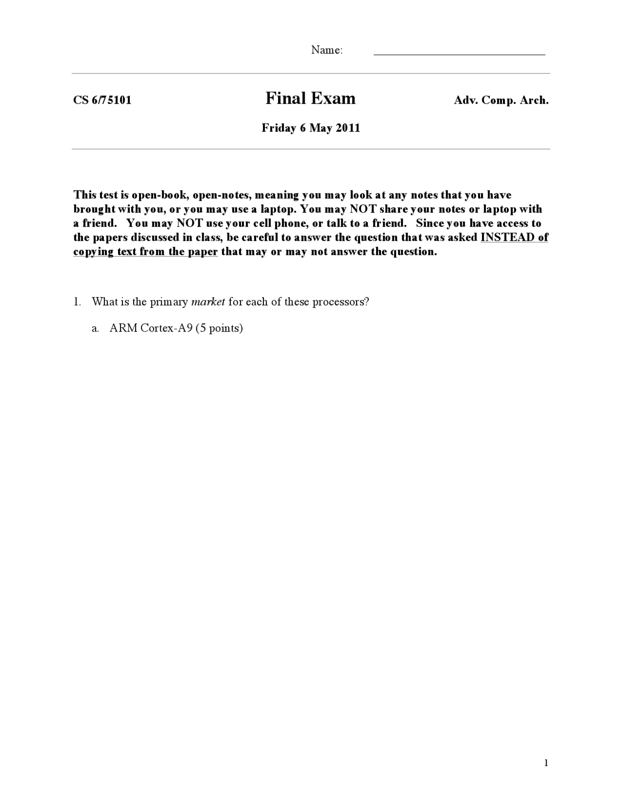 8 Questions For Final Exam Advanced Computer Architecture Cs 65101
