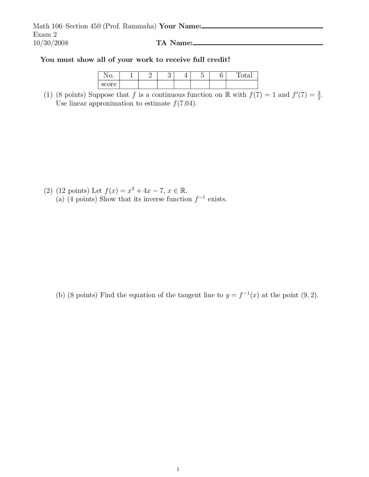 Exam 2 For Analytical Geometry And Calculus I Math 106 Docsity