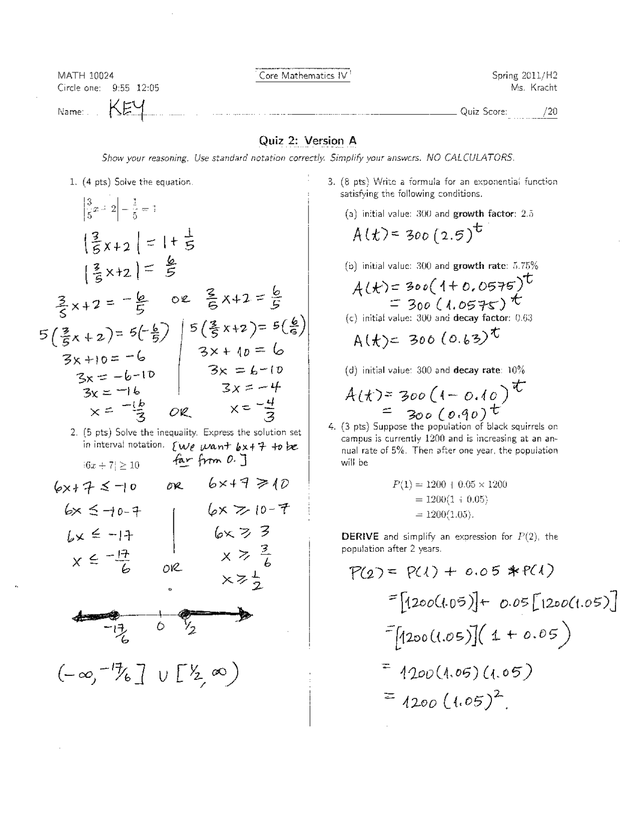 Quiz #2 with Answer Key - Basic Algebra III | MATH 10024 | Quizzes Mathematics | Docsity