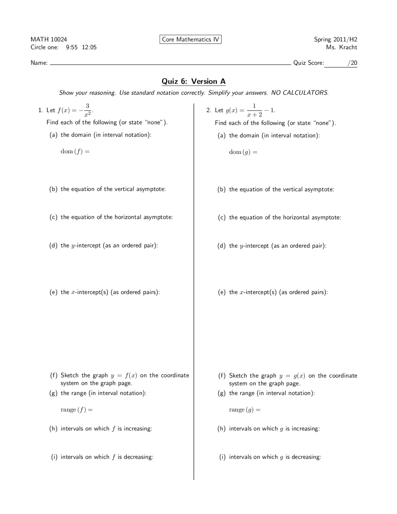 Core Mathematics IV - Quiz 6 Solutions for Functions f(x) = -3x^2 and g(x) = (x+2-1)^{-1 ...