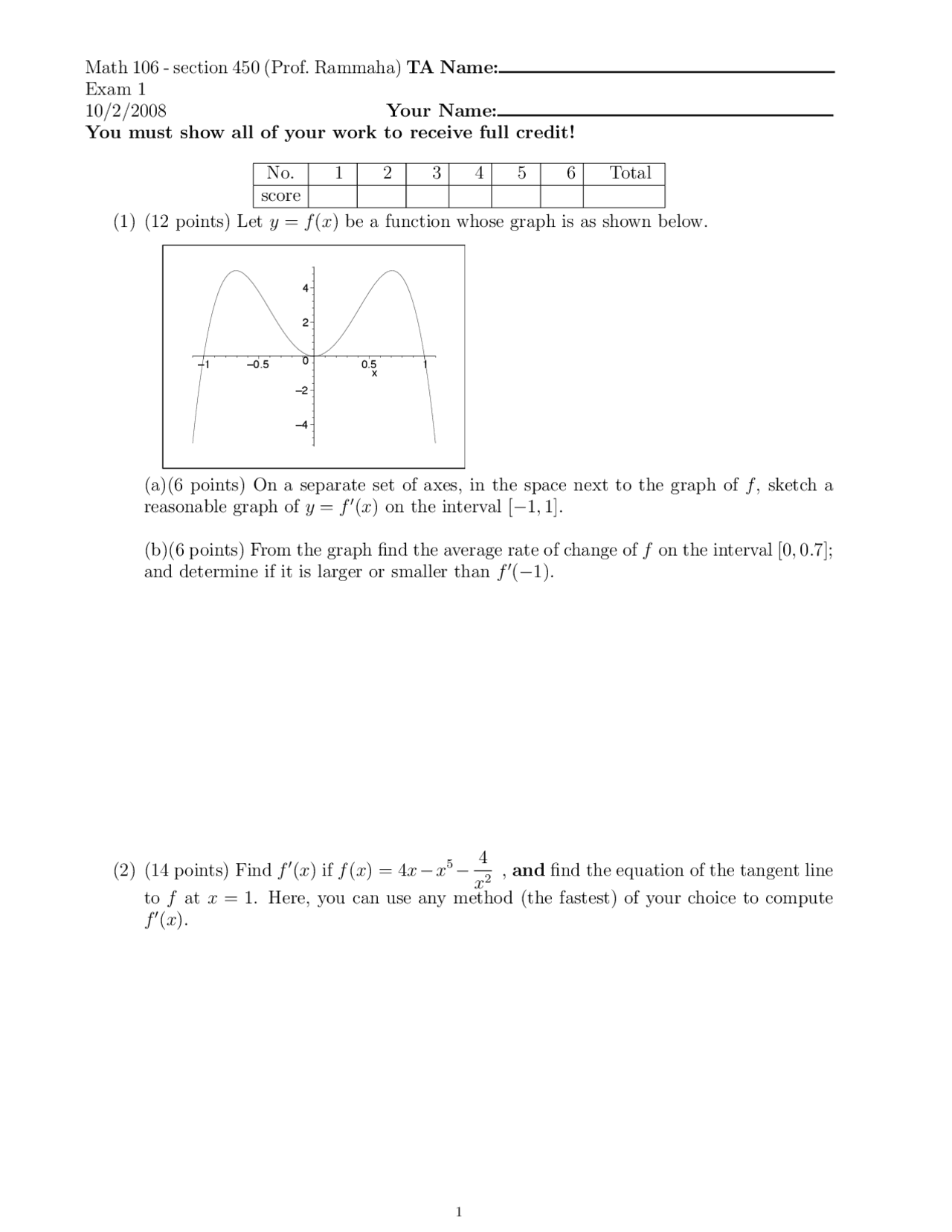 4 Questions In Exam 1 Analytical Geometry And Calculus I Math 106