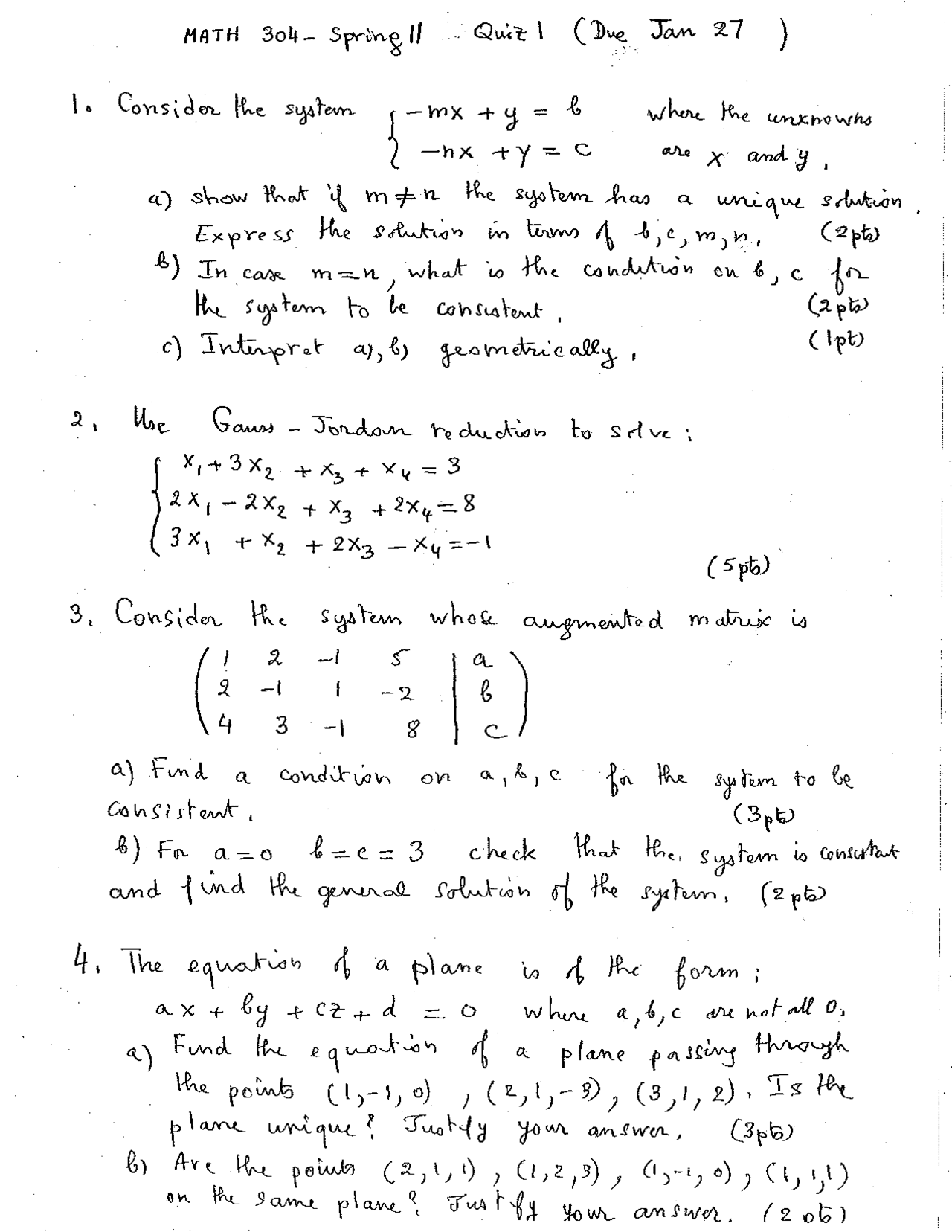 4 Solved Problems In Quiz Linear Algebra Math 304 Docsity