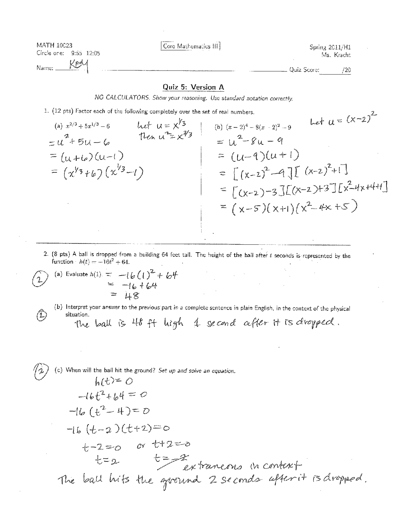 Quiz #5 with Answer Key - Basic Algebra III | MATH 10023 | Quizzes ...