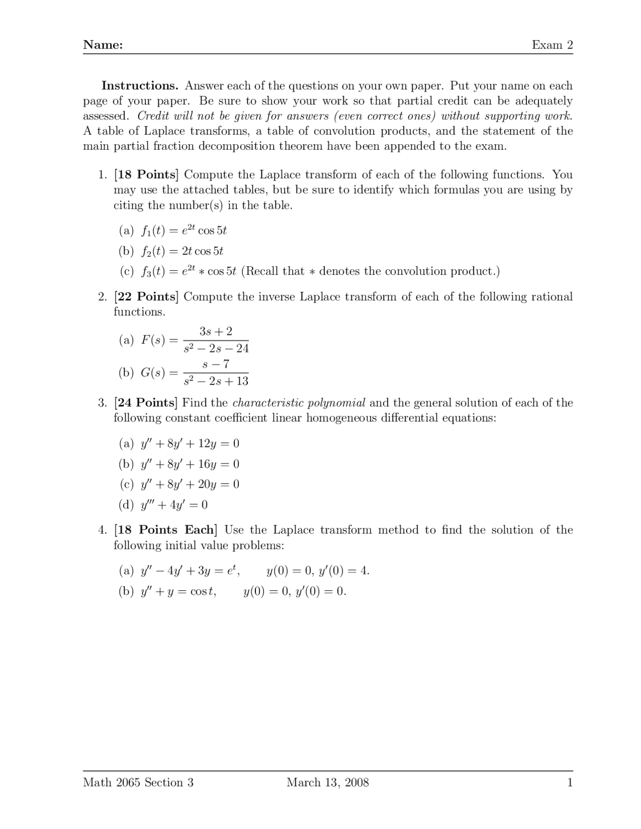 Laplace Transform Table, Partial Fraction Expansion Theorem | MATH 2065 - Docsity