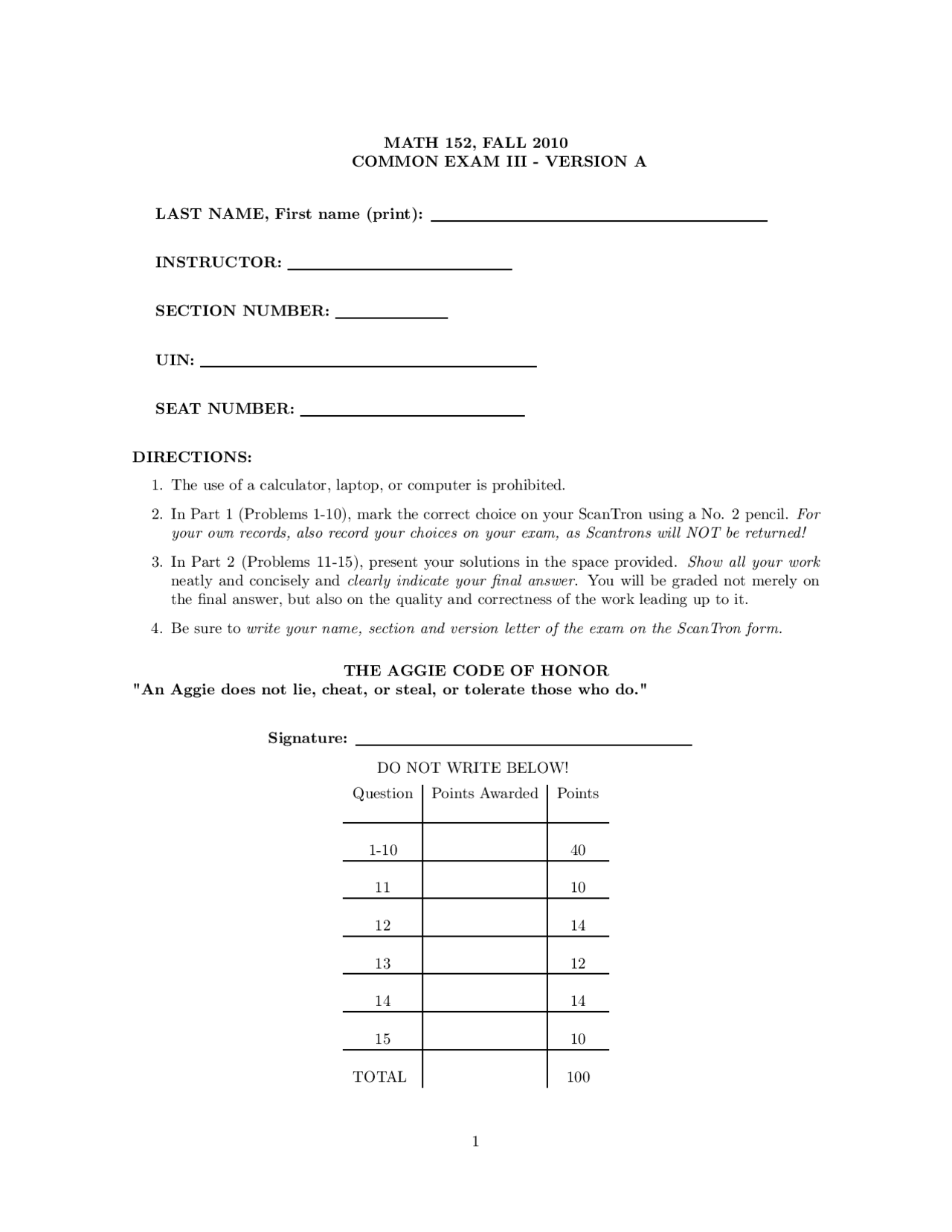 Questions For Exam 3 Honors Engineering Mathematics Ii Math 152