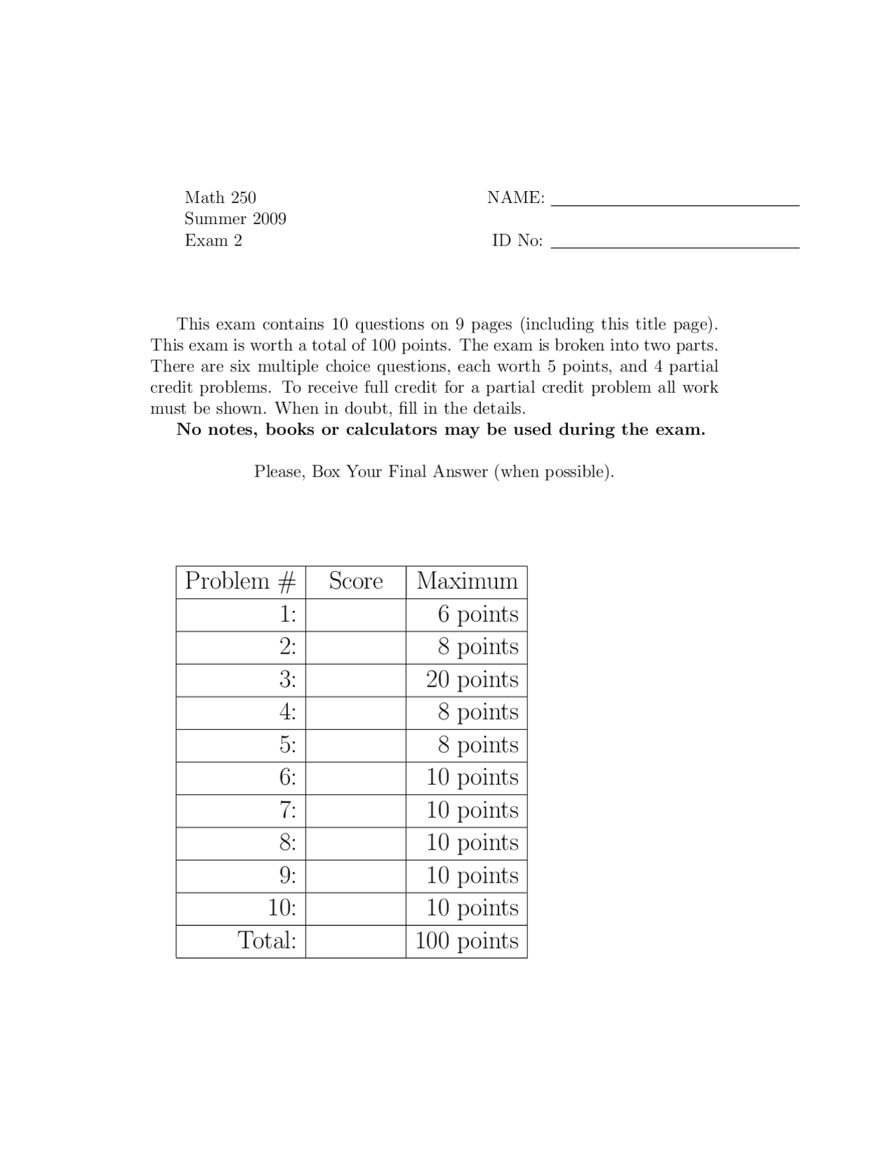 Exam 2 Questions Ordinary Differential Equations Math 250 Docsity
