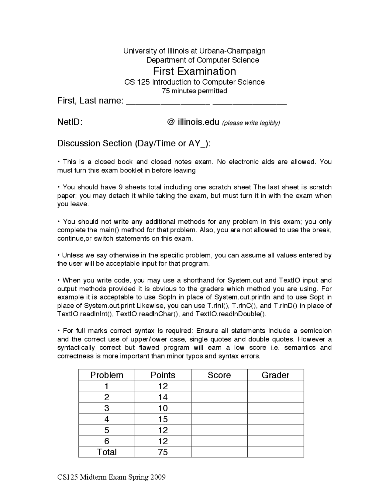 Introduction To Computer Science First Exam Solution Cs 125 Docsity