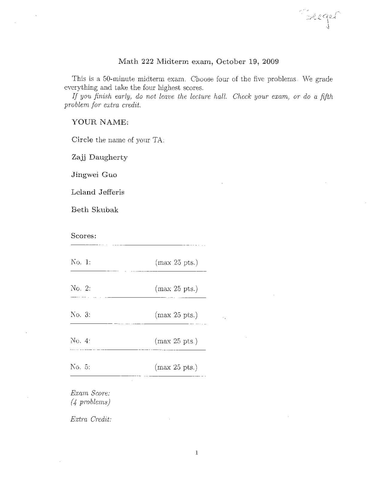Midterm Exam Calculus And Analytic Geometry Math 222 Docsity