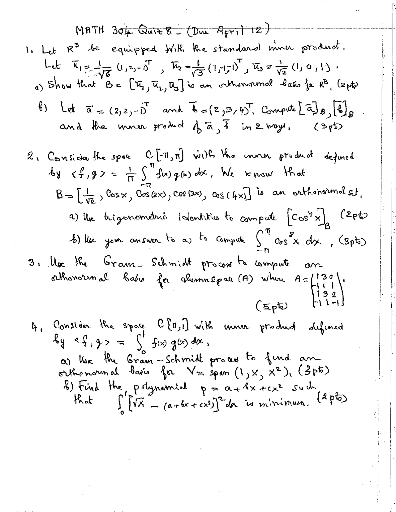 Quiz 8 With Solution For Linear Algebra Math 304 Docsity