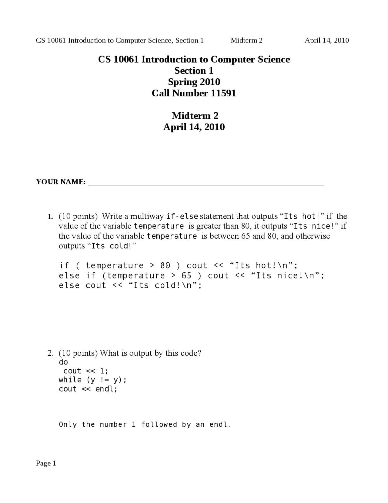 Solved Midterm Exam For Introduction To Computer Programming Cs 10061 6141