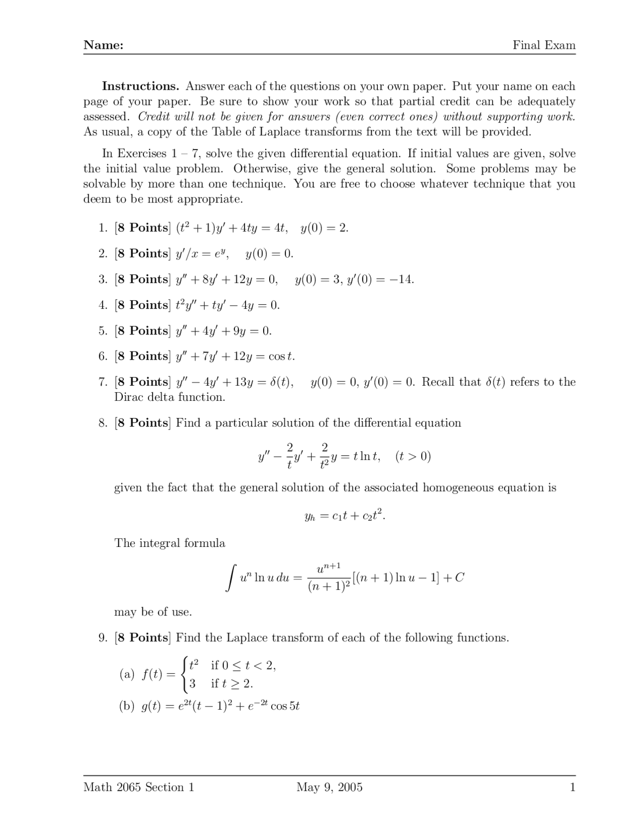 Final Exam Questions | Elementary Differential Equations | MATH 2065 ...