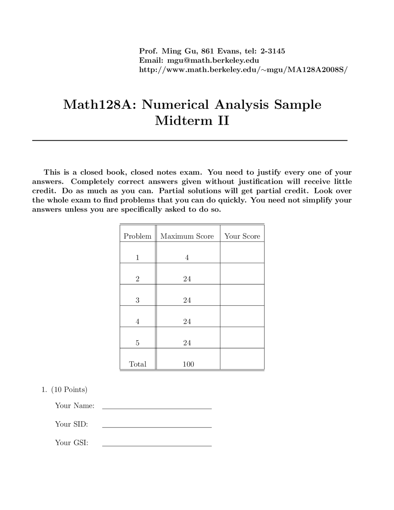 Numerical Analysis Sample Exam 2 Math 128a Docsity