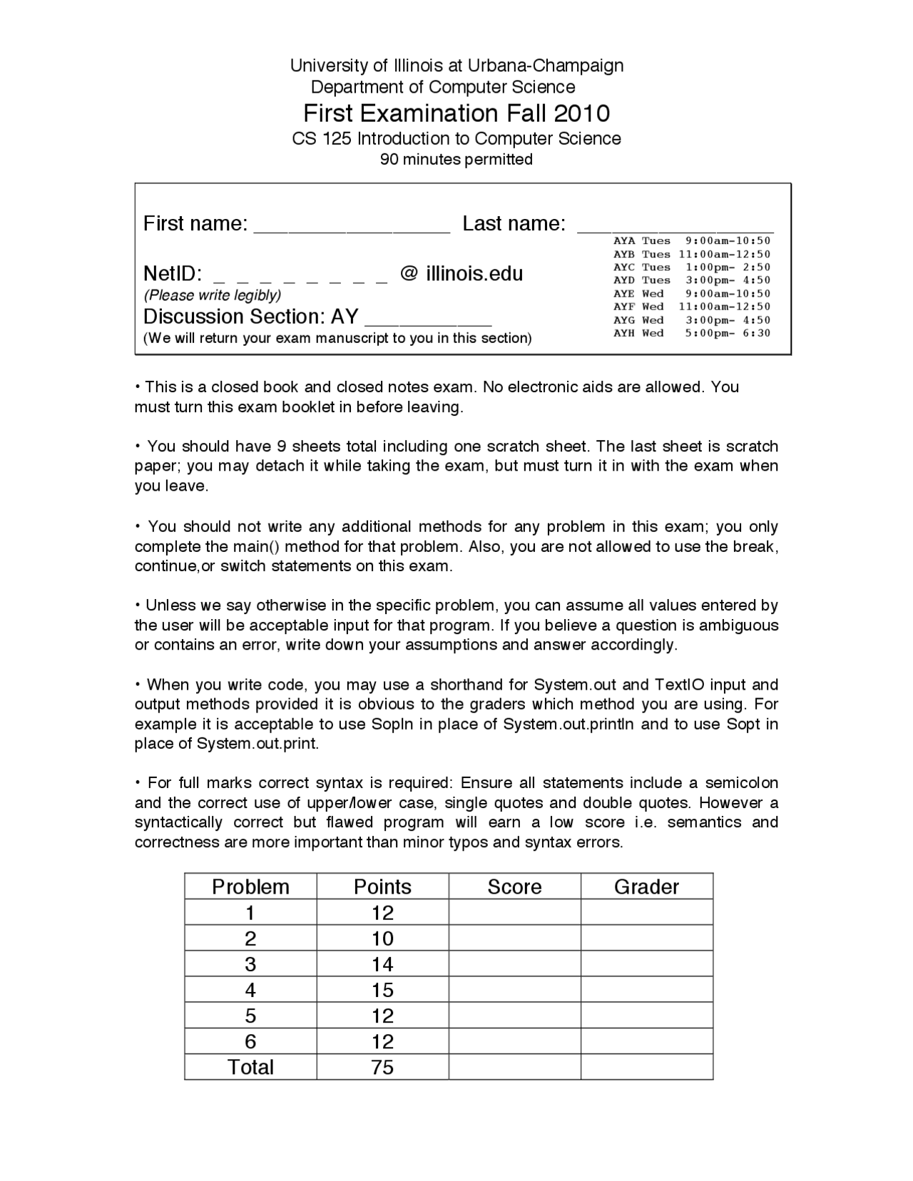 Midterm Exam 1 Introduction To Computer Science Cs 125 Docsity