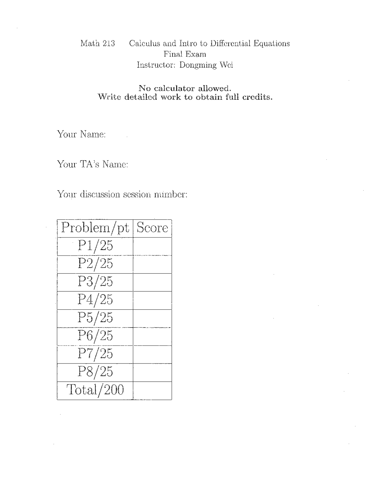 8 Problems On Calculus And Differential Equations Final Exam Math