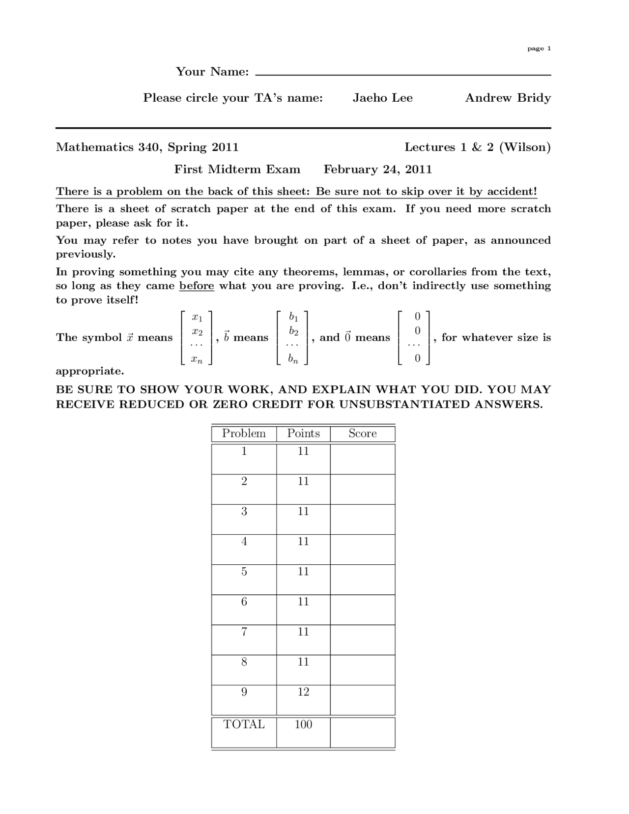 Midterm Exam 1 Elementary Matrix And Linear Algebra Math 340 Docsity