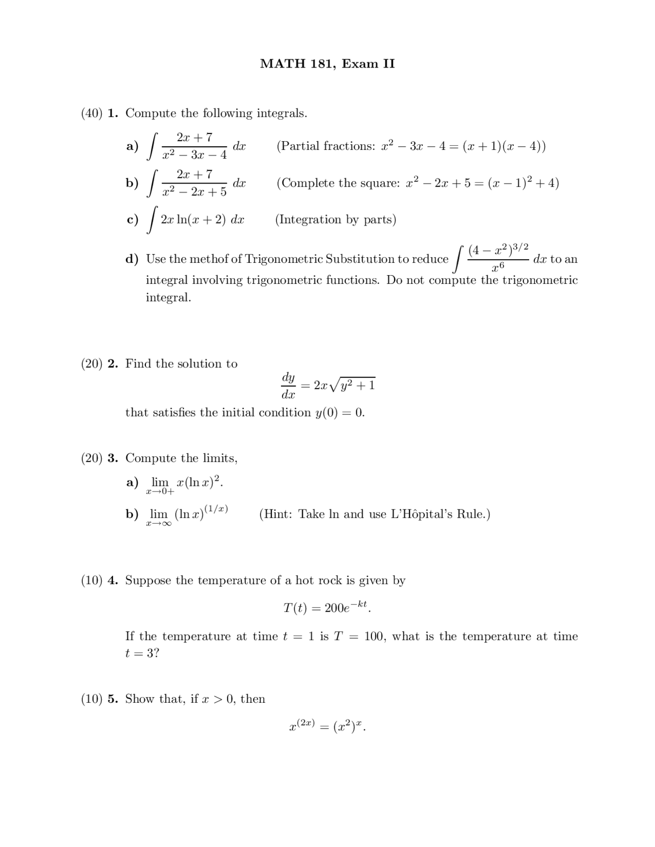 5 Solved Problems To Compute The Integrals Exam Ii Ma 18100 Docsity