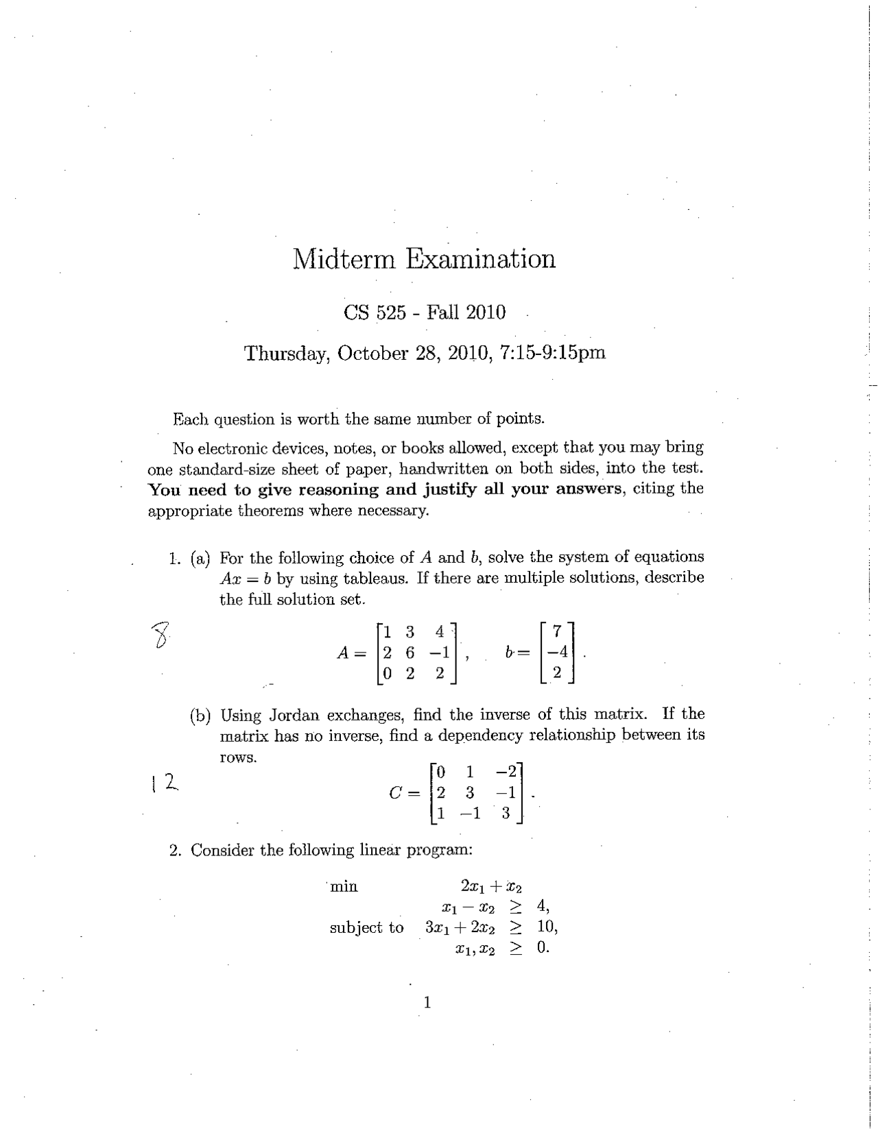 Linear Programming Methods In Midterm Exams Comp Sci 525 Docsity