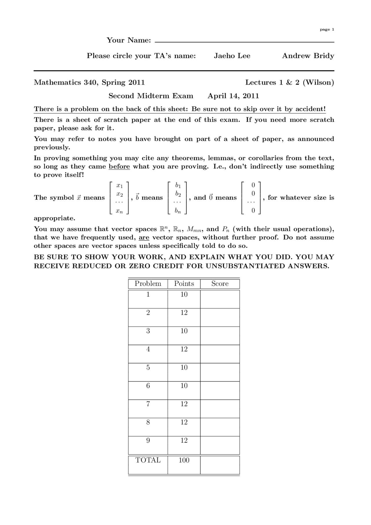 Second Midterm Exam Problems Elementary Matrix And Linear Algebra