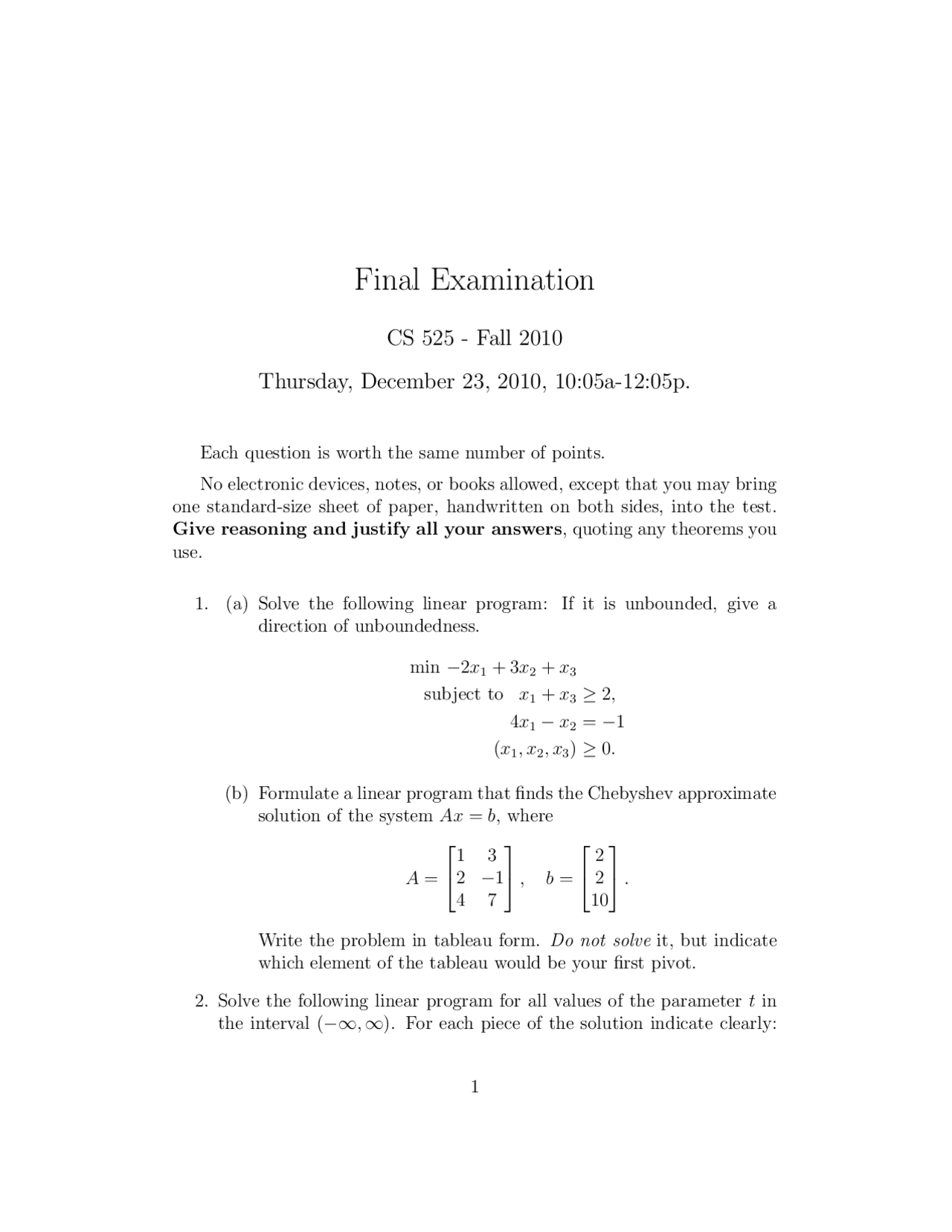 4 Questions Of Linear Programming Methods Final Exam Comp Sci 525