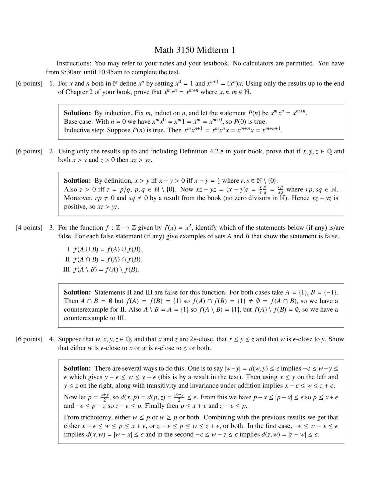 4 Questions On Analysis I With Solution Midterm Exam Math 3150 Docsity